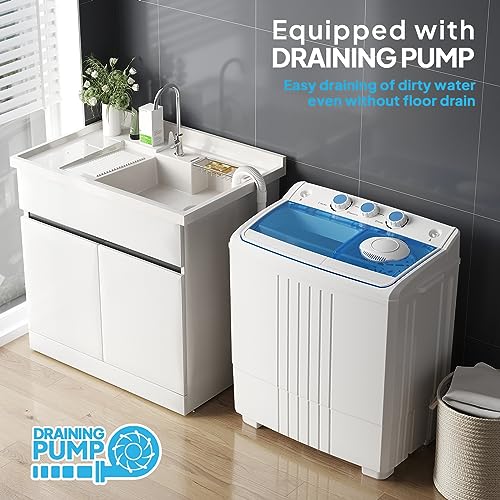 ROVSUN 21LBS Portable Washing Machine, Mini Compact Twin Tub Clothes Washer with Washer(14LBS) and Spinner(7LBS) & Pump Draining, Great for Home Dorms Apartments RV Camping (White & Blue)