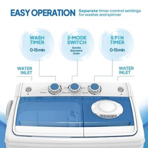 ROVSUN 21LBS Portable Washing Machine, Mini Compact Twin Tub Clothes Washer with Washer(14LBS) and Spinner(7LBS) & Pump Draining, Great for Home Dorms Apartments RV Camping (White & Blue)