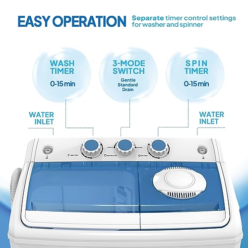 ROVSUN 21LBS Portable Washing Machine, Mini Compact Twin Tub Clothes Washer with Washer(14LBS) and Spinner(7LBS) & Pump Draining, Great for Home Dorms Apartments RV Camping (White & Blue)