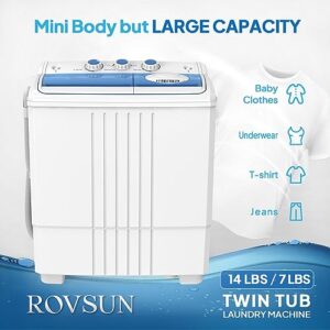 ROVSUN 21LBS Portable Washing Machine, Mini Compact Twin Tub Clothes Washer with Washer(14LBS) and Spinner(7LBS) & Pump Draining, Great for Home Dorms Apartments RV Camping (White & Blue)