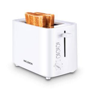 toaster 2 slice, niklemon small compact plastic toaster with 6 browning levels and defrost, reheat and cancel 3 functions, removable crumb tray, under base cord storage, white