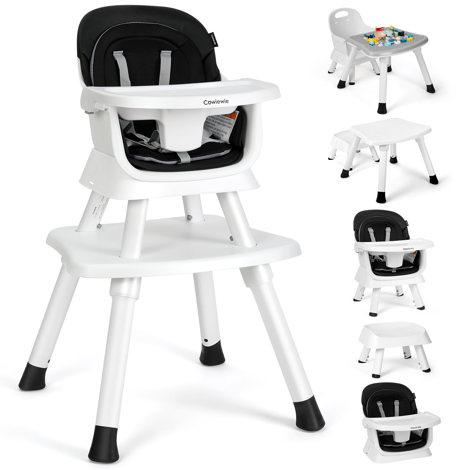 Cowiewie 8 in 1 Baby High Chair Growing with Baby High Chairs for Babies and Toddlers Chair Set Building Block Table Highchair with Safety Harness, Removable Tray (White & Black)