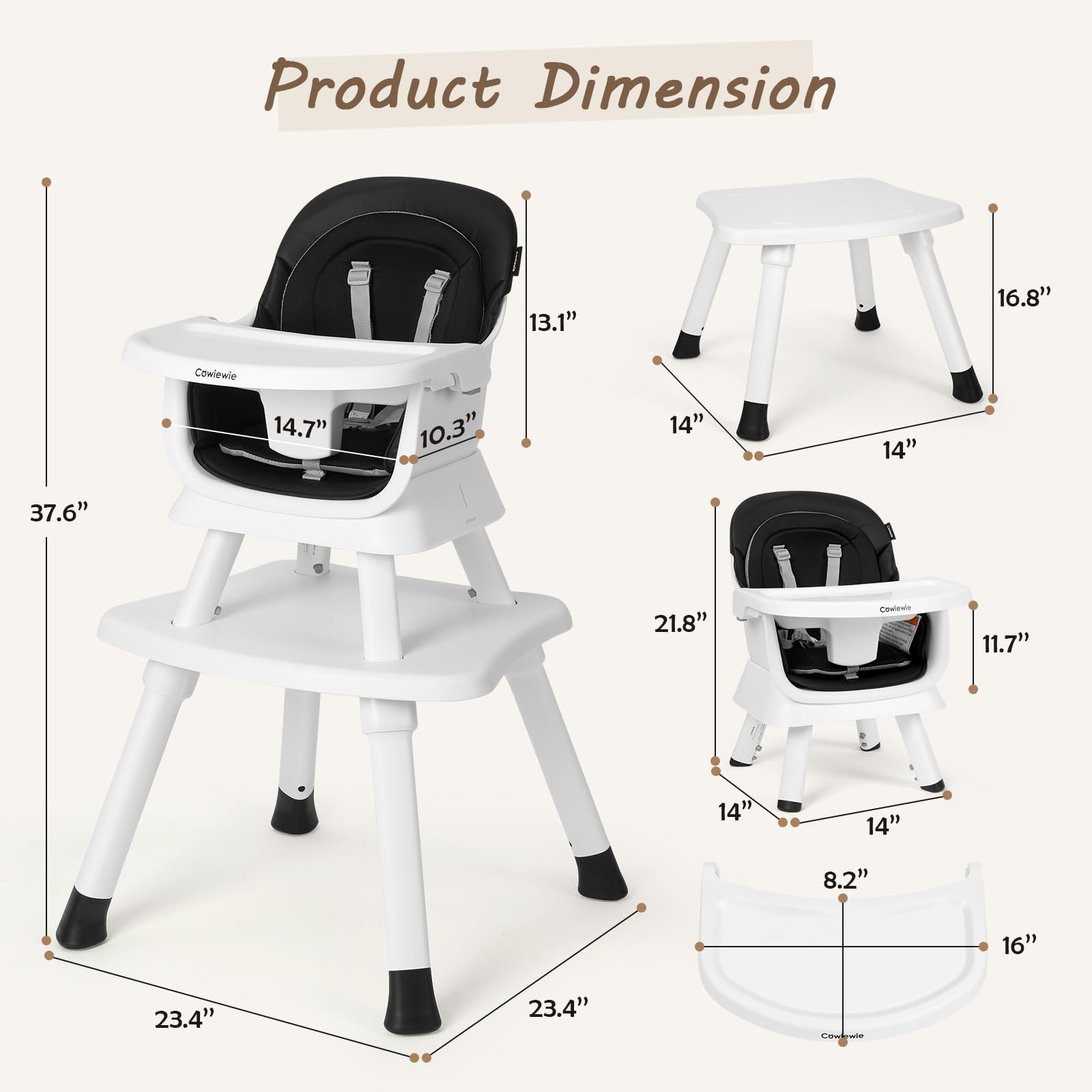 Cowiewie 8 in 1 Baby High Chair Growing with Baby High Chairs for Babies and Toddlers Chair Set Building Block Table Highchair with Safety Harness, Removable Tray (White & Black)