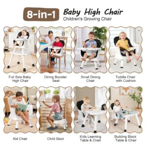 Cowiewie 8 in 1 Baby High Chair Growing with Baby High Chairs for Babies and Toddlers Chair Set Building Block Table Highchair with Safety Harness, Removable Tray (White & Black)