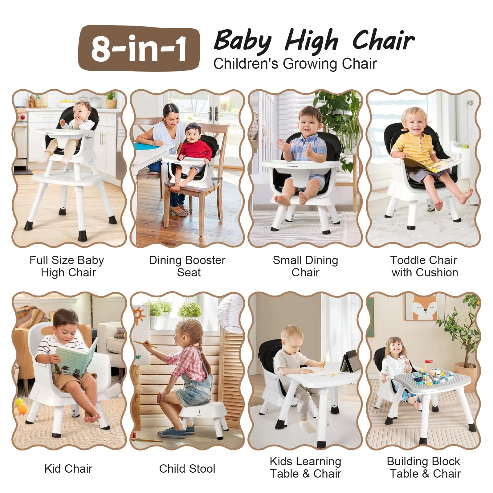 Cowiewie 8 in 1 Baby High Chair Growing with Baby High Chairs for Babies and Toddlers Chair Set Building Block Table Highchair with Safety Harness, Removable Tray (White & Black)