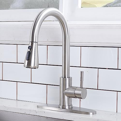 VCCUCINE Kitchen Faucet with Pull Down Sprayer, Brushed Nickel Faucet for Kitchen Sink, Small High Arc RV Stainless Steel Single Handle Pull Out Kitchen Sink Faucet