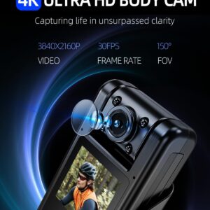 VIDCASTIVE 4K WiFi Body Camera Built-in 64G Record Video Audio, Police Body Worn Cam with 180° Rotatable Lens, Night Vision, 2000mAh Battery for Daily Records, Delivery/Serving Jobs