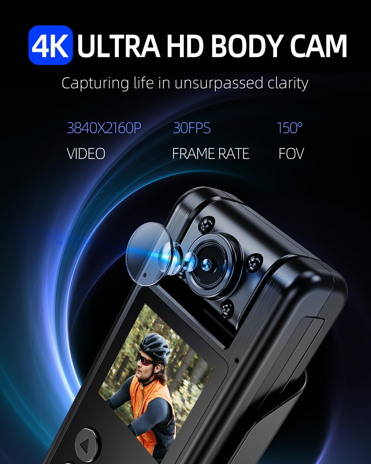 VIDCASTIVE 4K WiFi Body Camera Built-in 64G Record Video Audio, Police Body Worn Cam with 180° Rotatable Lens, Night Vision, 2000mAh Battery for Daily Records, Delivery/Serving Jobs