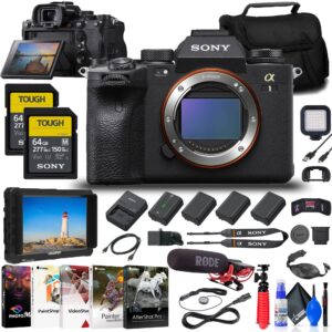 sony a1 mirrorless camera (ilce-1/b) + 4k monitor + rode videomic + 2 x 64gb card + bag + 3 x np-fz100 compatible battery + led light + corel photo software + flex tripod + hand strap + more (renewed)