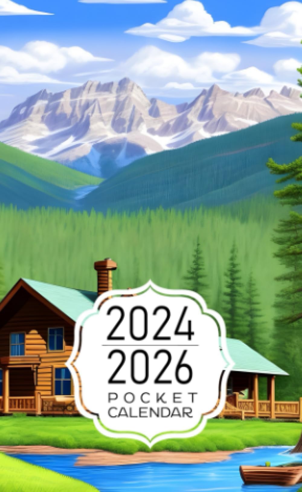 Pocket Calendar 2024-2026: Two-Year Monthly Planner for Purse , 36 Months from January 2024 to December 2026 | Cartoon illustration | Wooden house | ... Mountains | Kids | Horses | Dog | Cowboy