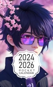 pocket calendar 2024-2026: two-year monthly planner for purse , 36 months from january 2024 to december 2026 | anime character | pink and purple ... background | gamer boy in black sunglasses