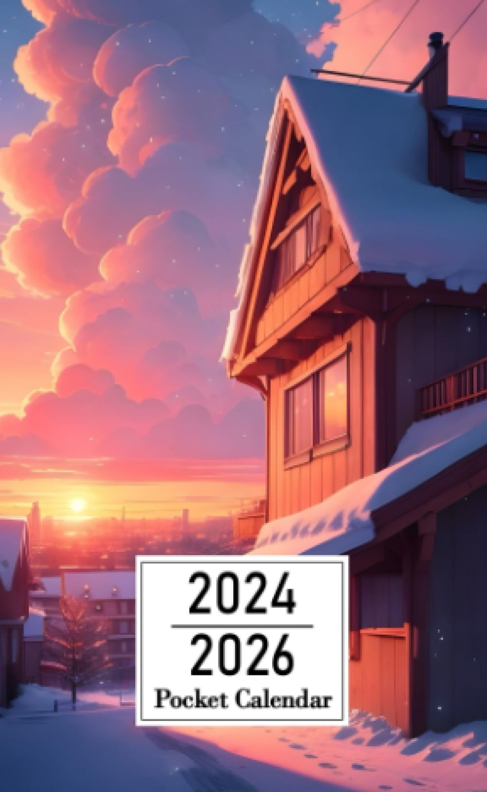 Pocket Calendar 2024-2026: Two-Year Monthly Planner for Purse , 36 Months from January 2024 to December 2026 | Anime buildings | Snowing sunset | Relaxing color