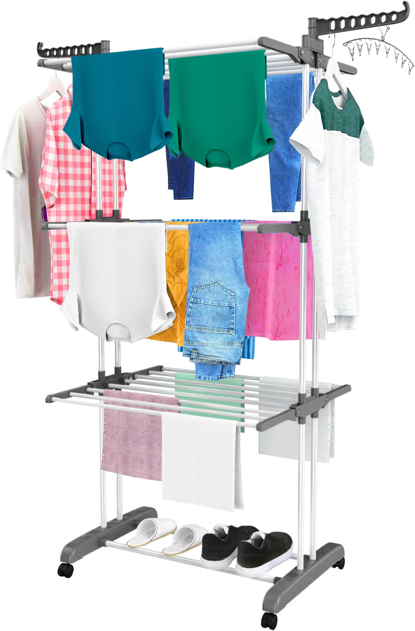 Pogala, Clothes Drying Rack, Indoor, Outdoor Laundry Drying Rack, with Foldable Wings, Space Saving Laundry Rack, Laundry Hanger Dryer Rack, Includes 2 Packs of Stainless Hangers for Underwear