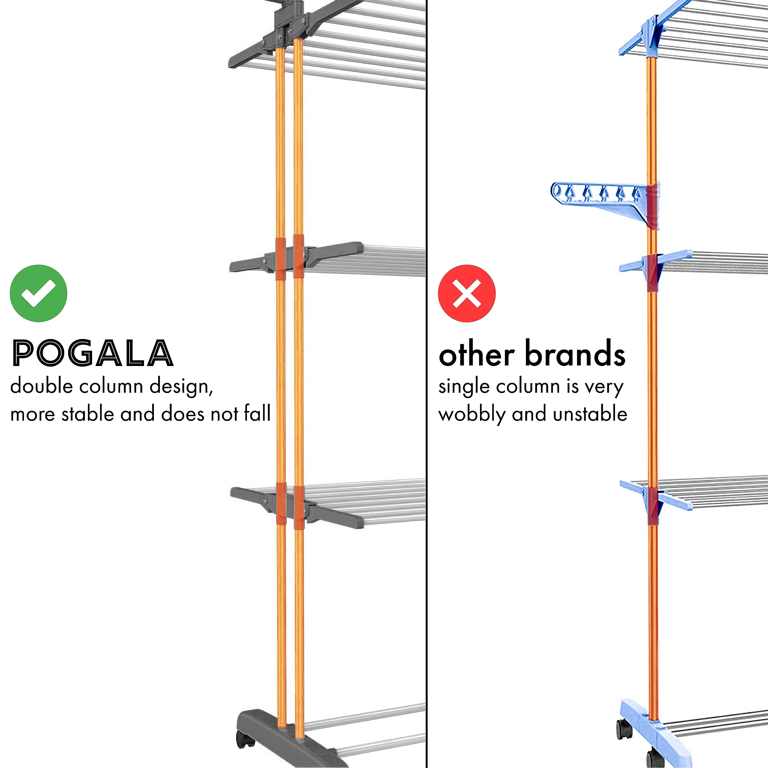 Pogala, Clothes Drying Rack, Indoor, Outdoor Laundry Drying Rack, with Foldable Wings, Space Saving Laundry Rack, Laundry Hanger Dryer Rack, Includes 2 Packs of Stainless Hangers for Underwear