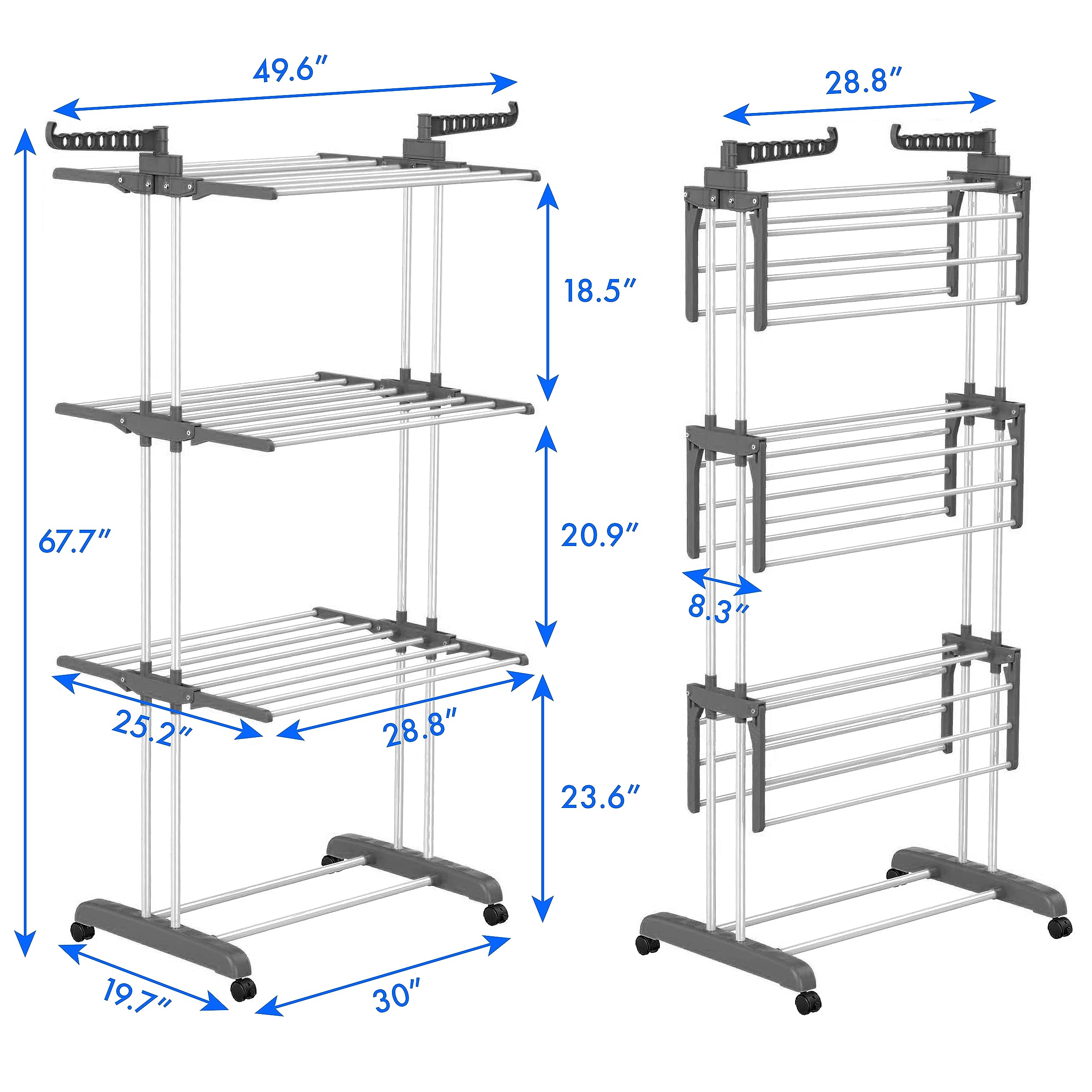 Pogala, Clothes Drying Rack, Indoor, Outdoor Laundry Drying Rack, with Foldable Wings, Space Saving Laundry Rack, Laundry Hanger Dryer Rack, Includes 2 Packs of Stainless Hangers for Underwear