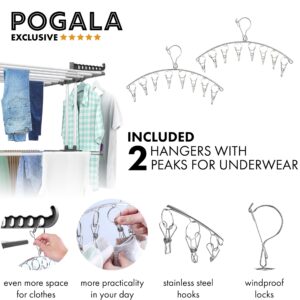 Pogala, Clothes Drying Rack, Indoor, Outdoor Laundry Drying Rack, with Foldable Wings, Space Saving Laundry Rack, Laundry Hanger Dryer Rack, Includes 2 Packs of Stainless Hangers for Underwear