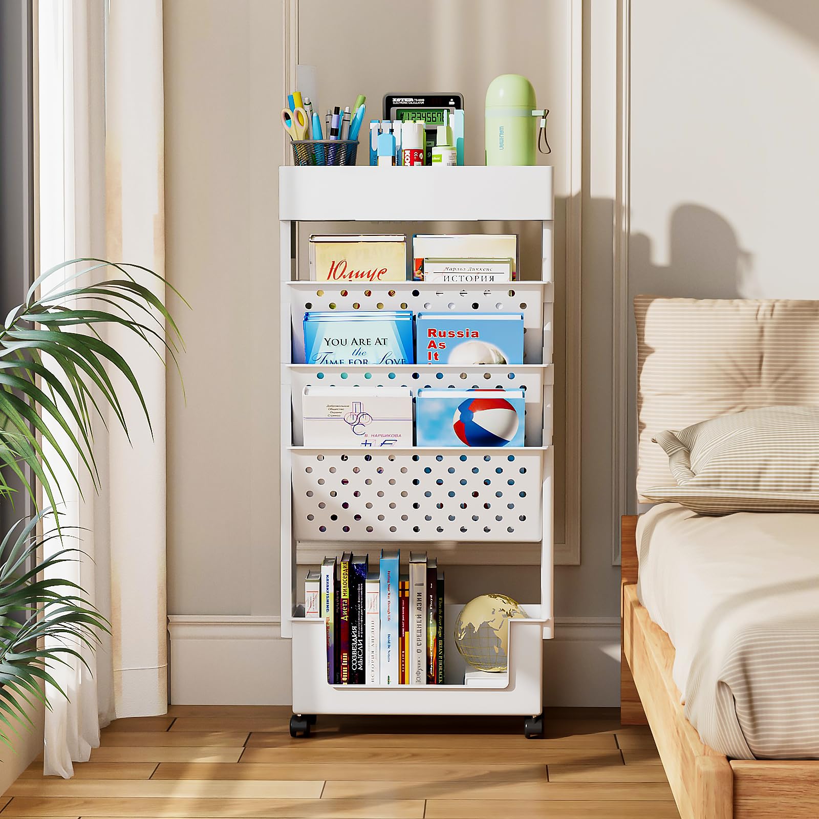 Feverdes 5 Tier Book Rack Storage Book Shelf,Mobile Rolling cart with Wheels,Slim Rolling Storage Cart Movable Rolling cart for Kids Children Students Study in Bedroom Living Room Home School-White