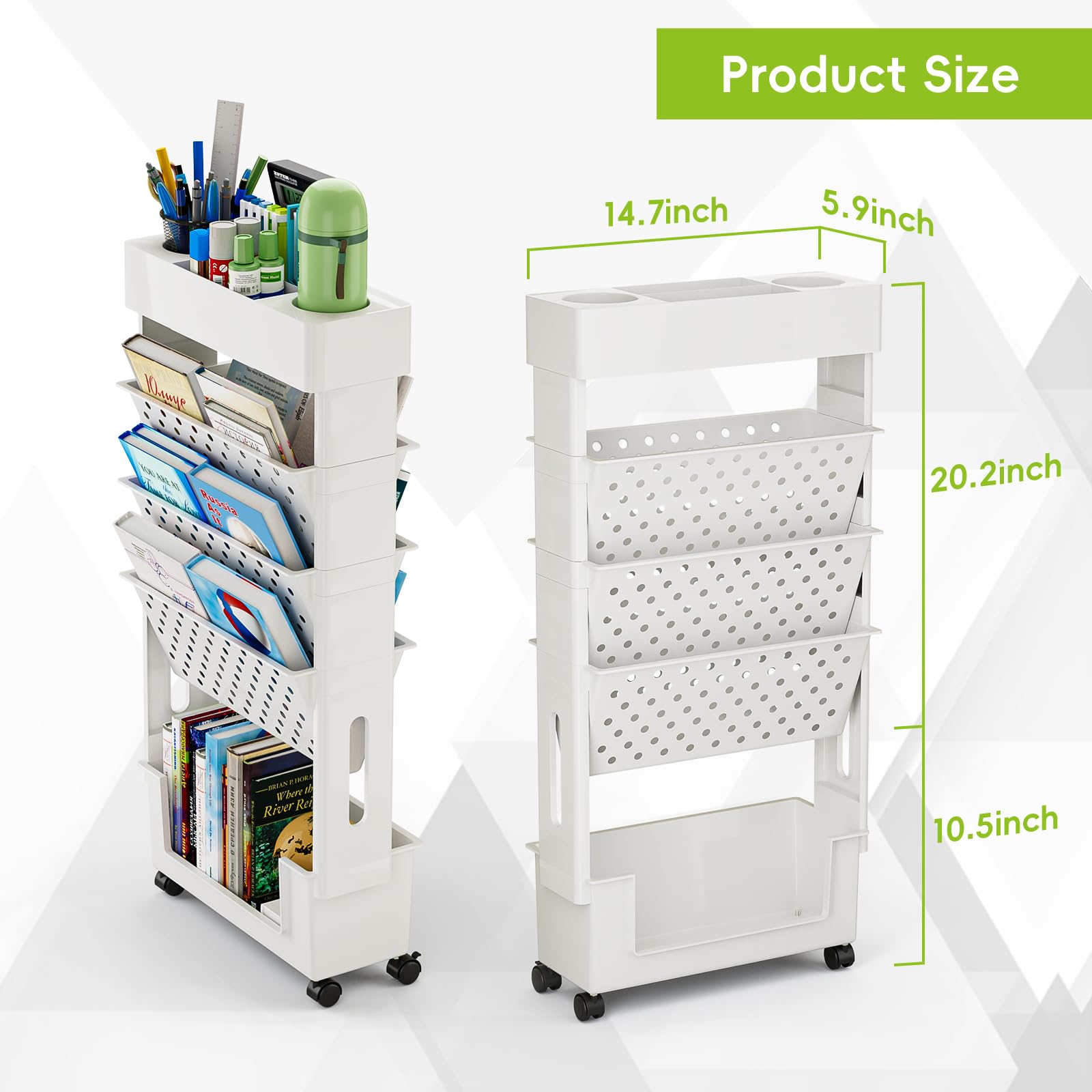 Feverdes 5 Tier Book Rack Storage Book Shelf,Mobile Rolling cart with Wheels,Slim Rolling Storage Cart Movable Rolling cart for Kids Children Students Study in Bedroom Living Room Home School-White