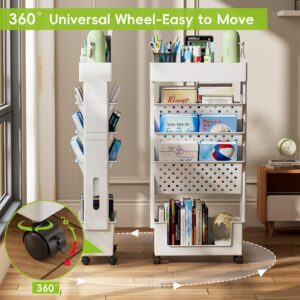 Feverdes 5 Tier Book Rack Storage Book Shelf,Mobile Rolling cart with Wheels,Slim Rolling Storage Cart Movable Rolling cart for Kids Children Students Study in Bedroom Living Room Home School-White