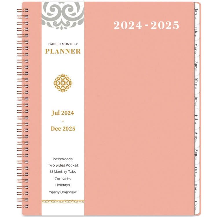 2024-2025 Monthly Planner - Monthly Planner 2024-2025, Jul. 2024 - Dec. 2025, 9" x 11", 18-Month Planner, Tabs & Pocket, Twin-Wire Binding - Rosy Pink