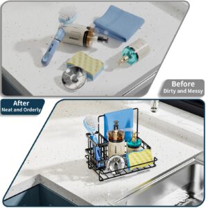 Consumest Sink Caddy Kitchen Sink Organizer, Sponge Holder for Kitchen Sink with Dish Brush +Dishcloth Holder, Stainless Steel Dish Soap Holder Countertop with Drain Tray for Sink Accessories, Black