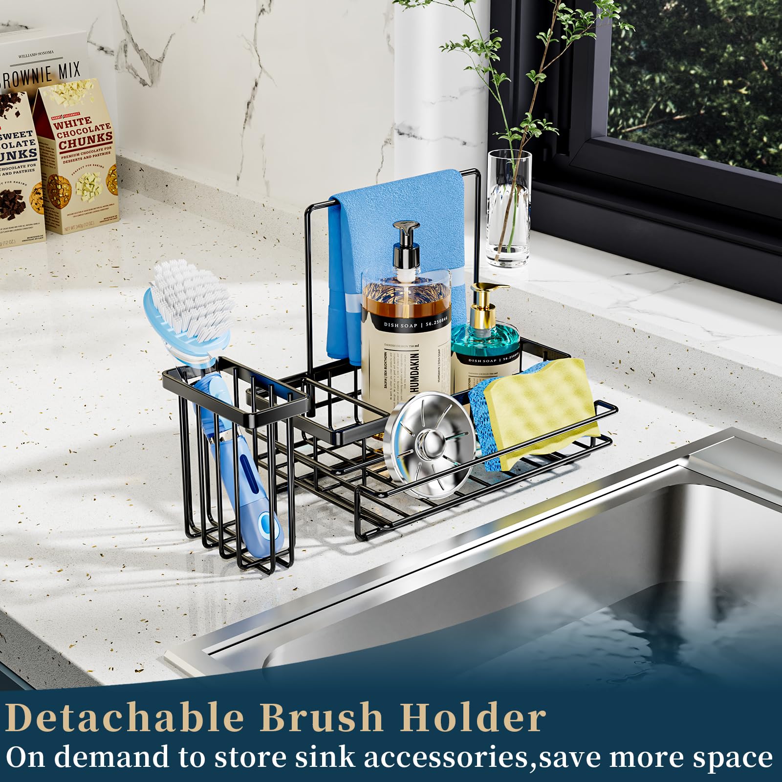 Consumest Sink Caddy Kitchen Sink Organizer, Sponge Holder for Kitchen Sink with Dish Brush +Dishcloth Holder, Stainless Steel Dish Soap Holder Countertop with Drain Tray for Sink Accessories, Black