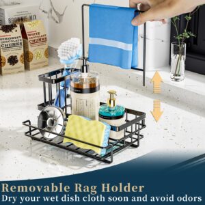 Consumest Sink Caddy Kitchen Sink Organizer, Sponge Holder for Kitchen Sink with Dish Brush +Dishcloth Holder, Stainless Steel Dish Soap Holder Countertop with Drain Tray for Sink Accessories, Black