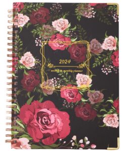 2024 planner - weekly & monthly planner with tabs, 8.2'' x 6.2'', 12-months planner with monthly tabs, twin-wire biding, holidays, notes pages, back pocket - floral