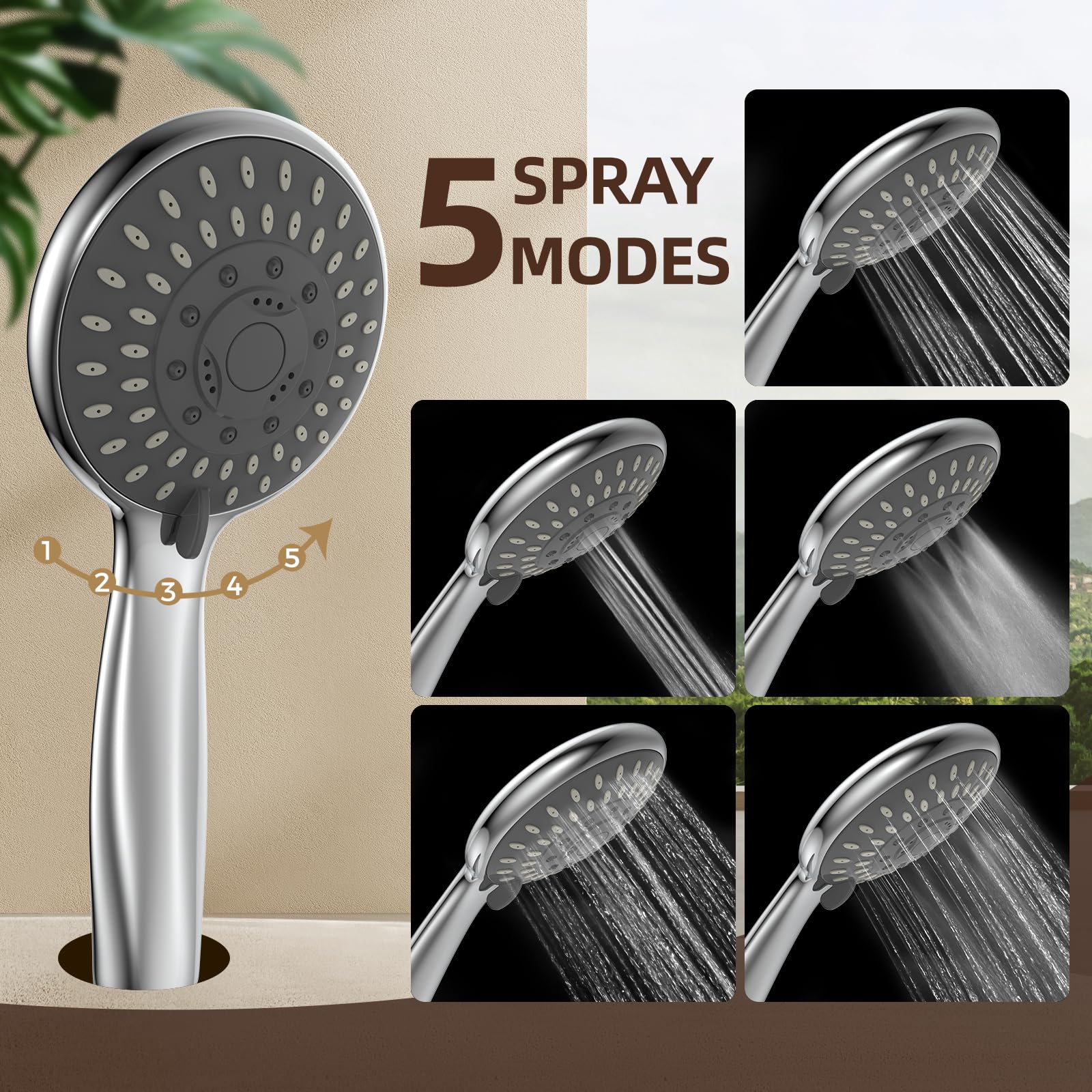 RAINVISTA High Pressure Handheld Shower Head, 5 Functions High Flow Shower Head with Handheld Powerful Spray Shower Head for Improving Water Pressure even at Low Pressure