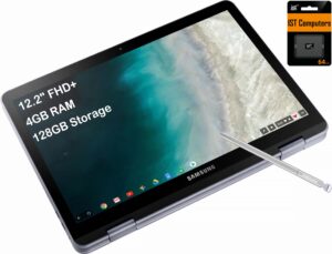 samsung chromebook plus v2 360 12.2" fhd+ 2-in-1 touchscreen w/dual webcam (intel celeron 3965y, 4gb ram, 128gb (64gb emmc+64gb sd card), stylus pen) home & education laptop, ist sdcard, chrome os