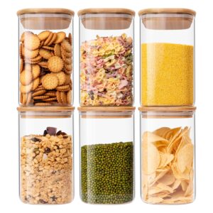 glass food storage jars 37 oz set of 6,glass storage containers clear glass food canister with bamboo lid airtight for serving tea, coffee, flour, sugar, candy, cookie, spice and more (square)