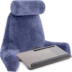 faykes adult reading pillow,backrest pillow with arms dark blue & foldable laptop tray gray memory foam reading pillows for bed w/removable neck roll & laptop bed tray table,blue