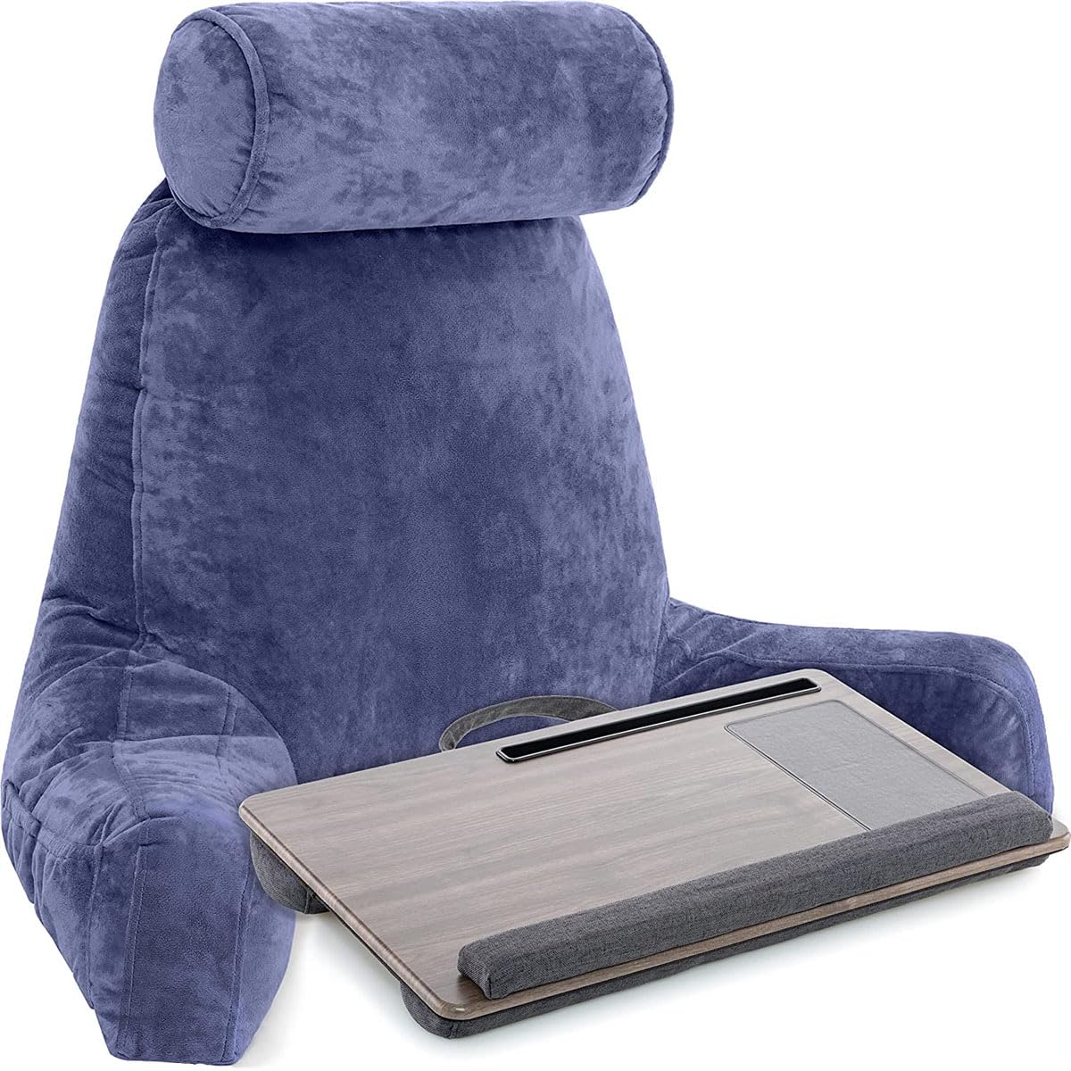 FaYkes Adult Reading Pillow,Backrest Pillow with Arms Dark Blue & Foldable Laptop Tray Gray Memory Foam Reading Pillows for Bed W/Removable Neck Roll & Laptop Bed Tray Table,Blue