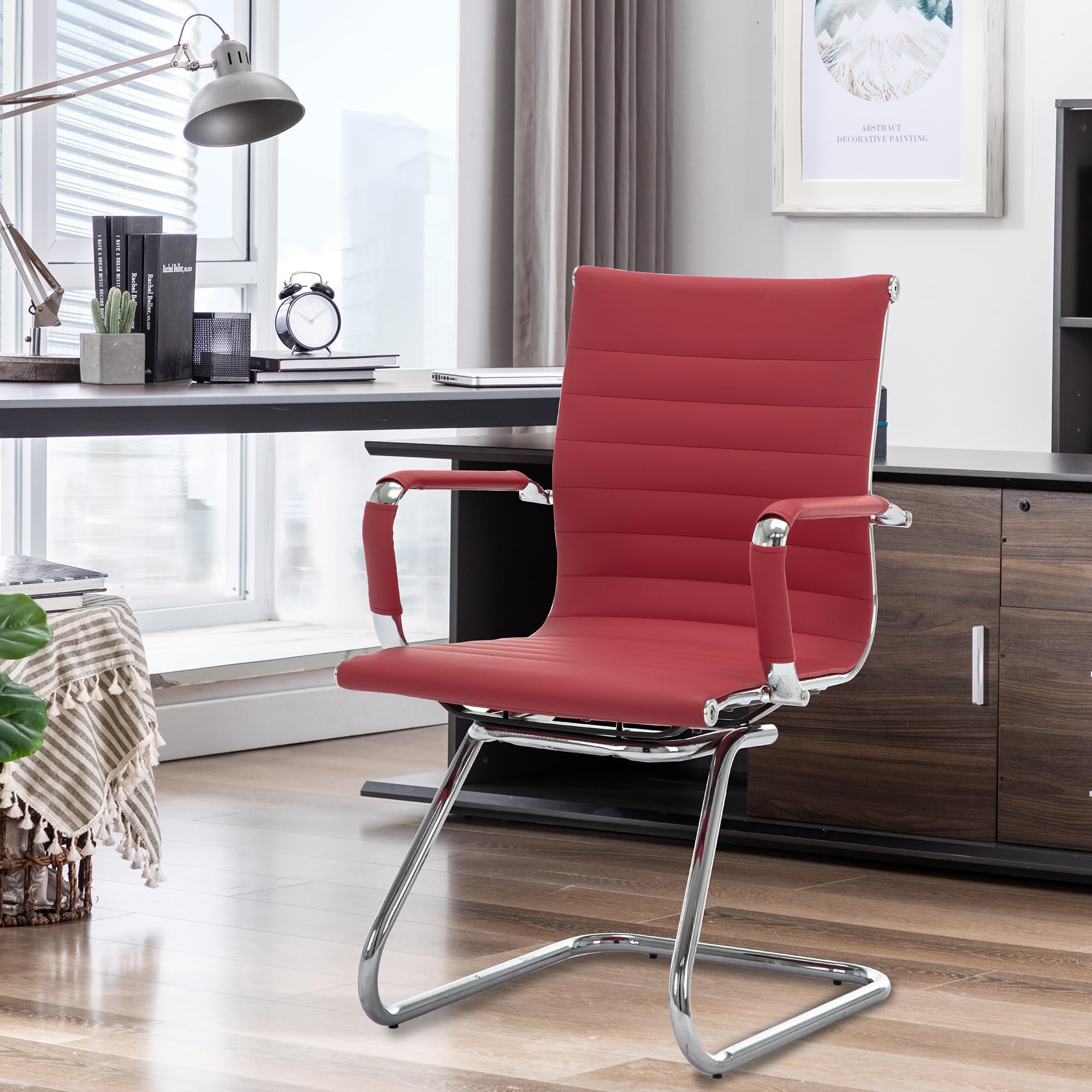 HNY Leather Office Guest Chairs & Reception Chairs Set of 10, Modern Waiting Room Chairs with Arms, Desk Chair no Wheels with Sled Base for Waiting Room/Conference Room, Burgundy