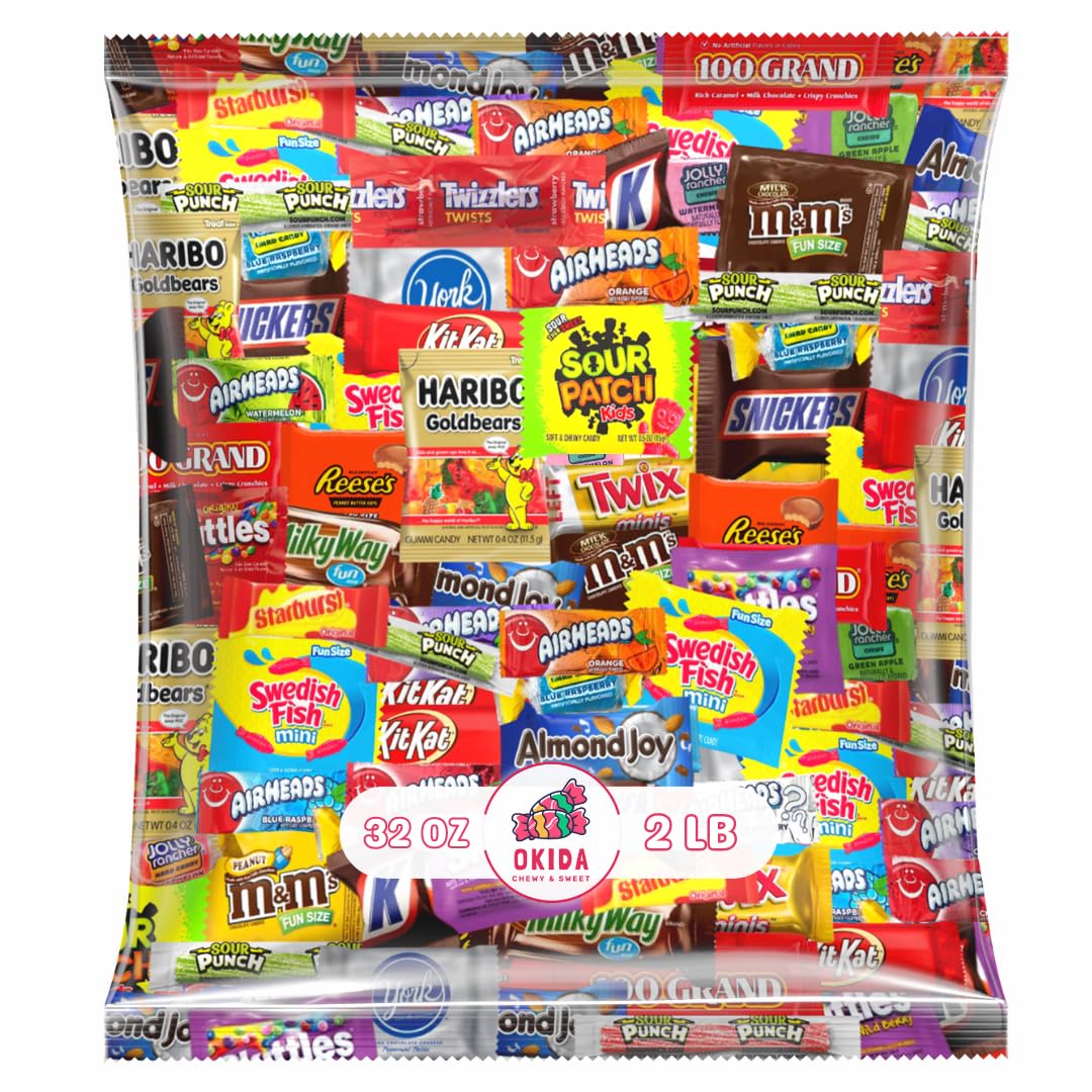 Candy & Chocolate Assorted Variety Pack - Snickers Skittles Twix Kit Kat Milky Way Sour Patch Kids Air Heads & More! -Stocking Stuffers - Individually Wrapped (32 Ounces)