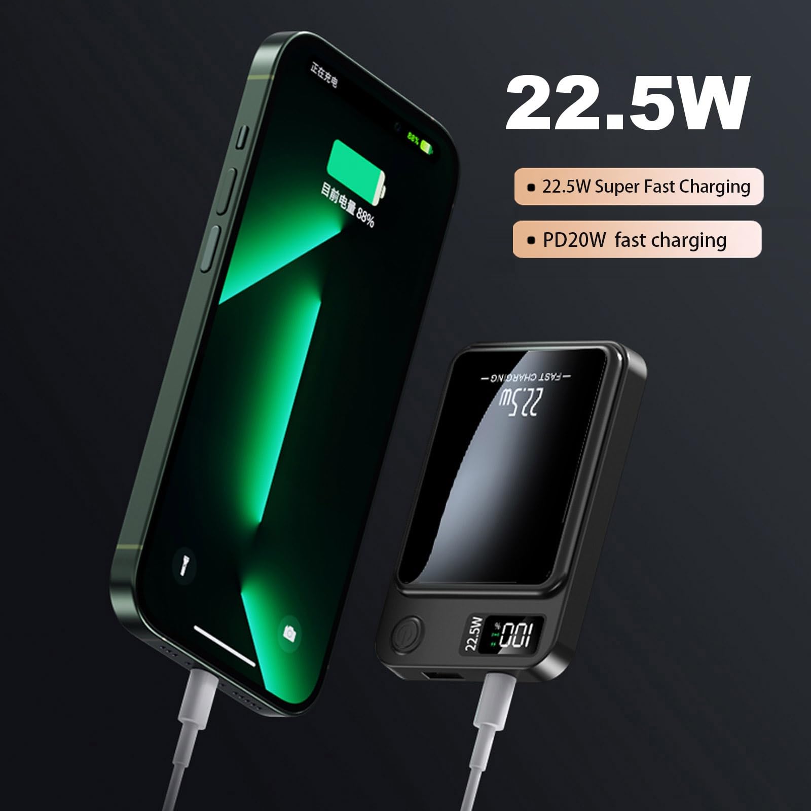 Magnetic Wireless Power Bank 10000mAh, Magnetic Wireless Charging for iPhone 14/15/13/12 series, 22.5W Portable Charger 20W PD USB-C Battery Pack with LED Display for iPhone, iPad, Samsung etc.