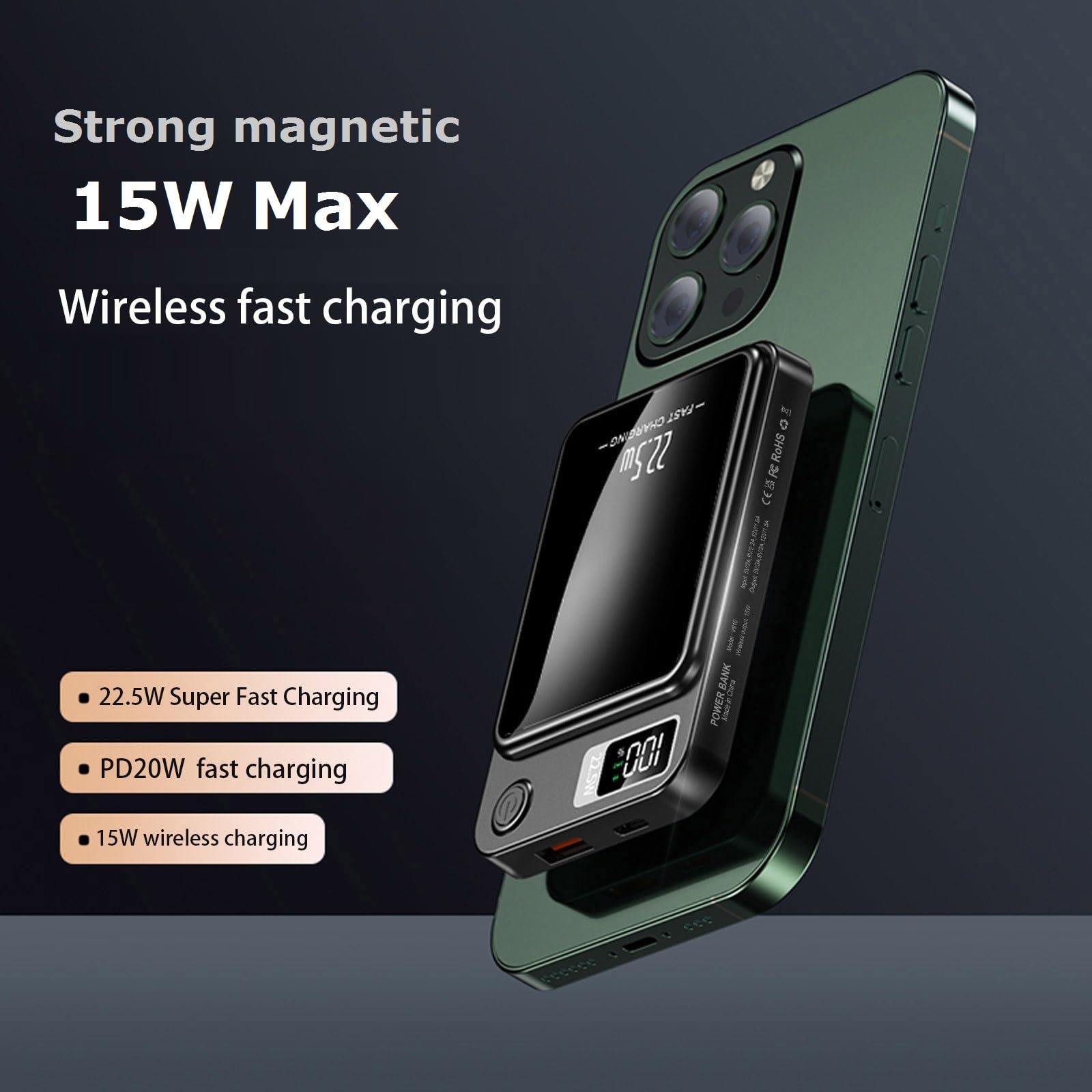 Magnetic Wireless Power Bank 10000mAh, Magnetic Wireless Charging for iPhone 14/15/13/12 series, 22.5W Portable Charger 20W PD USB-C Battery Pack with LED Display for iPhone, iPad, Samsung etc.