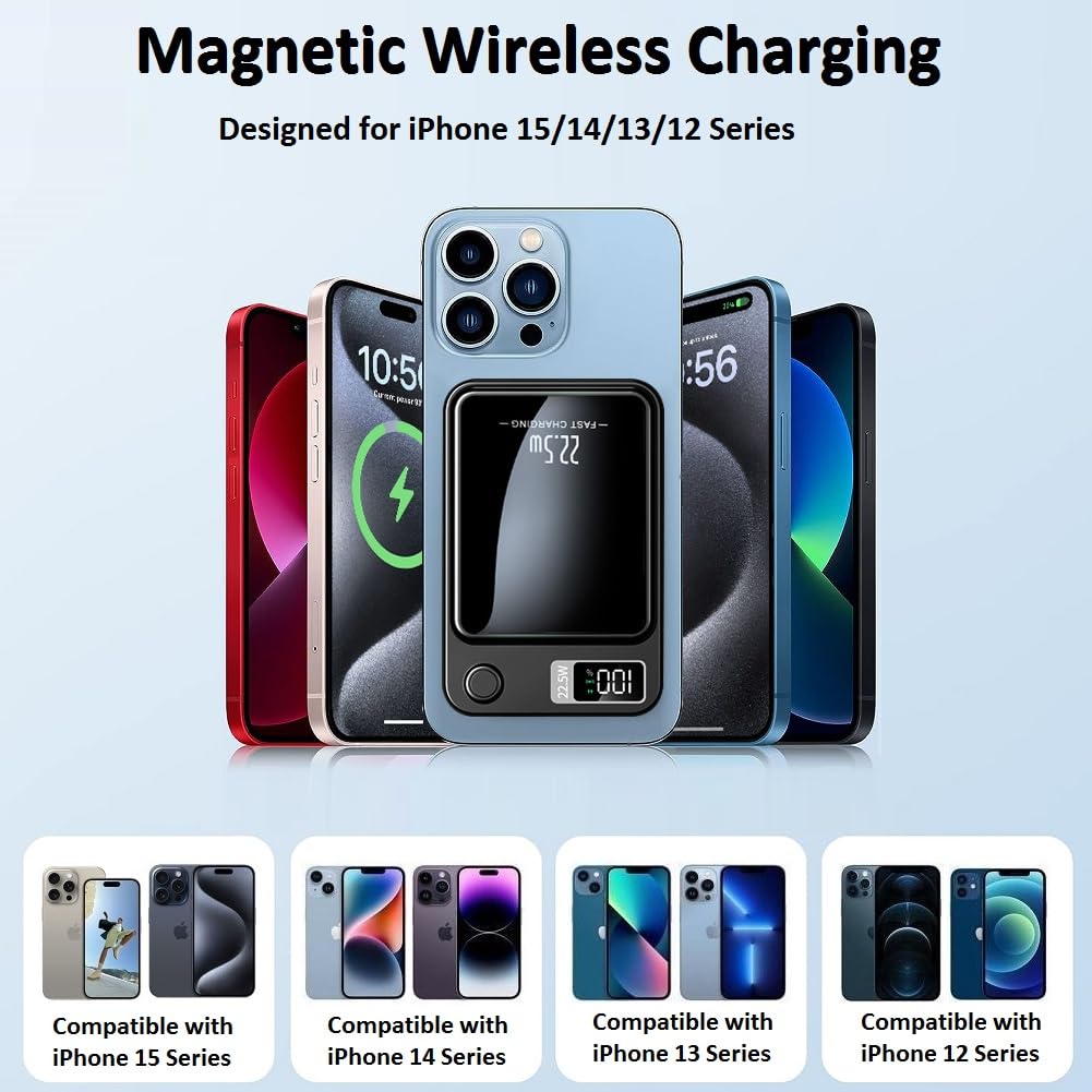 Magnetic Wireless Power Bank 10000mAh, Magnetic Wireless Charging for iPhone 14/15/13/12 series, 22.5W Portable Charger 20W PD USB-C Battery Pack with LED Display for iPhone, iPad, Samsung etc.