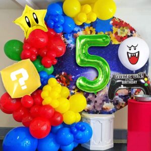 134PCS Red Blue Yellow Green Balloon Garland Arch Kit with Cloud Mushroom Star Balloons for Cartoon & Video Game Theme Super Bros Birthday Mario inspired Party Decorations