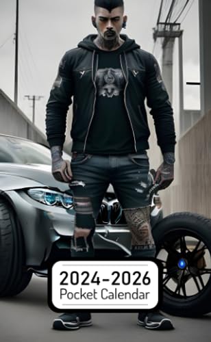 Pocket Calendar 2024-2026: Two-Year Monthly Planner for Purse , 36 Months from January 2024 to December 2026 | Badass man with tattoos | Standing | Epic photo