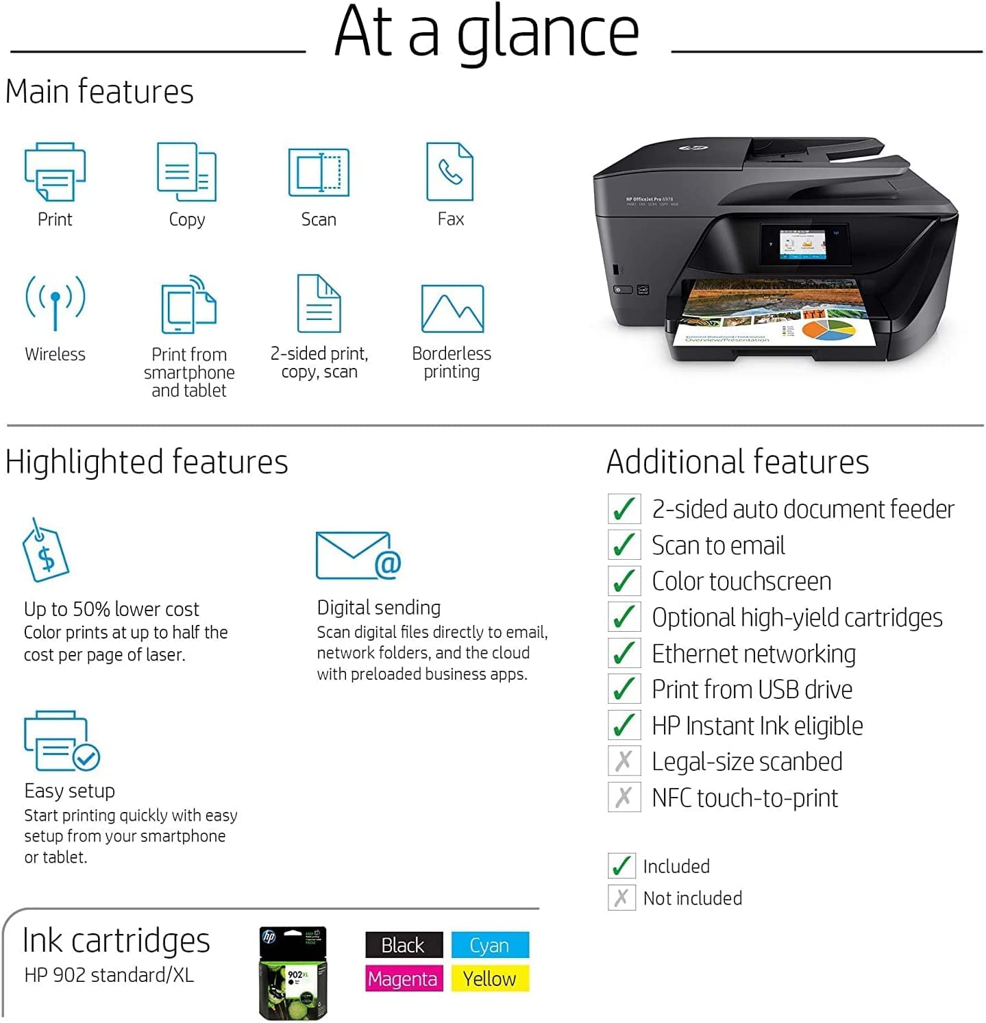 HP OfficeJet Pro 6978 Wireless All-in-One Color Inkjet Printer for Home Office, Black - Print Scan Copy Fax - 2.65" Touchscreen, 20 ppm, 8.5" x 14", 35-Sheet ADF, Auto Duplex Printing, Ethernet