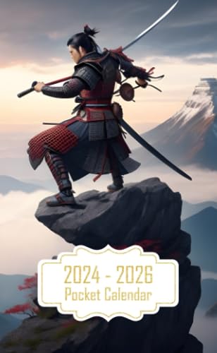 Pocket Calendar 2024-2026: Two-Year Monthly Planner for Purse , 36 Months from January 2024 to December 2026 | Stoic samurai warrior | Mountain peak | Two swords