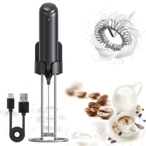 rechargeable milk frother handheld foam maker for lattes - whisk drink mixer for coffee with stand, mini electric foamer for latte, cappuccino, frappe, matcha, hot chocolate (stand+black)