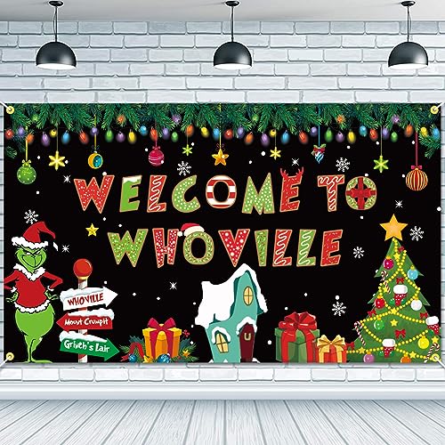 JKQ Welcome to Whoville Backdrop Banner 73 x 43 Inch Large Size Christmas Banner with Xmas Tree Gifts Signs Xmas Party Decorations Christmas Holiday Indoor Outdoor Photo Booth Props