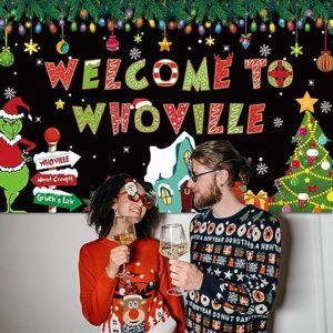 JKQ Welcome to Whoville Backdrop Banner 73 x 43 Inch Large Size Christmas Banner with Xmas Tree Gifts Signs Xmas Party Decorations Christmas Holiday Indoor Outdoor Photo Booth Props