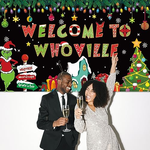 JKQ Welcome to Whoville Backdrop Banner 73 x 43 Inch Large Size Christmas Banner with Xmas Tree Gifts Signs Xmas Party Decorations Christmas Holiday Indoor Outdoor Photo Booth Props