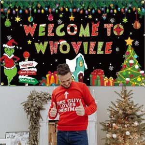 JKQ Welcome to Whoville Backdrop Banner 73 x 43 Inch Large Size Christmas Banner with Xmas Tree Gifts Signs Xmas Party Decorations Christmas Holiday Indoor Outdoor Photo Booth Props