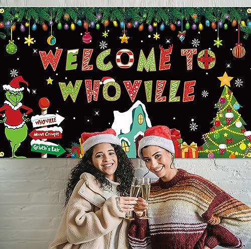 JKQ Welcome to Whoville Backdrop Banner 73 x 43 Inch Large Size Christmas Banner with Xmas Tree Gifts Signs Xmas Party Decorations Christmas Holiday Indoor Outdoor Photo Booth Props