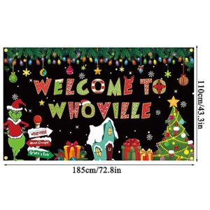 JKQ Welcome to Whoville Backdrop Banner 73 x 43 Inch Large Size Christmas Banner with Xmas Tree Gifts Signs Xmas Party Decorations Christmas Holiday Indoor Outdoor Photo Booth Props