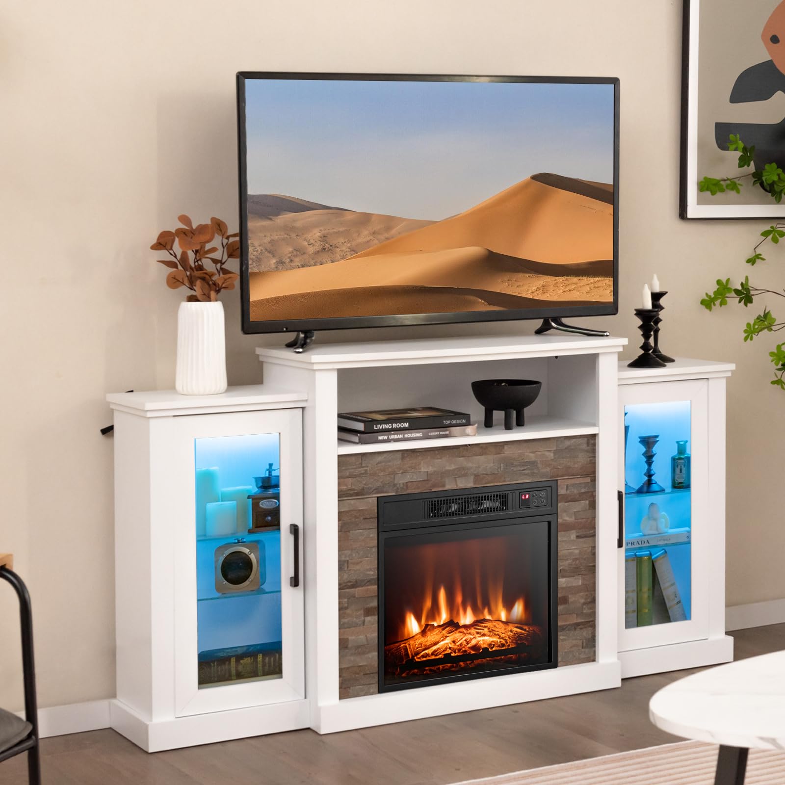 GOFLAME Fireplace TV Stand with LED Lights for TV up to 65”, Entertainment Center with 18” Electric Fireplace, Remote & APP Control, TV Console with Adjustable Glass Shelves (White)